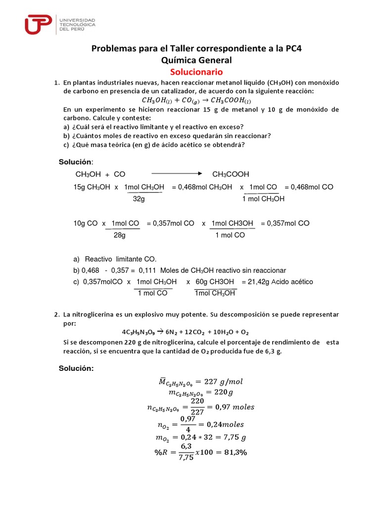TV - Solucionario Ejercicios Taller PC4 | PDF | Mole (Unidad) | Química