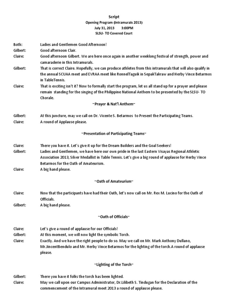 Script: Prayer & Nat'l Anthem | PDF | Sports | Leisure