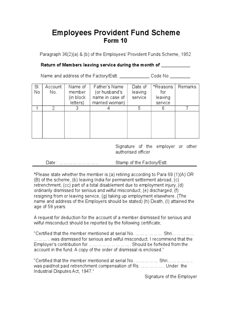 Employees Provident Fund Scheme: Form 10 | PDF