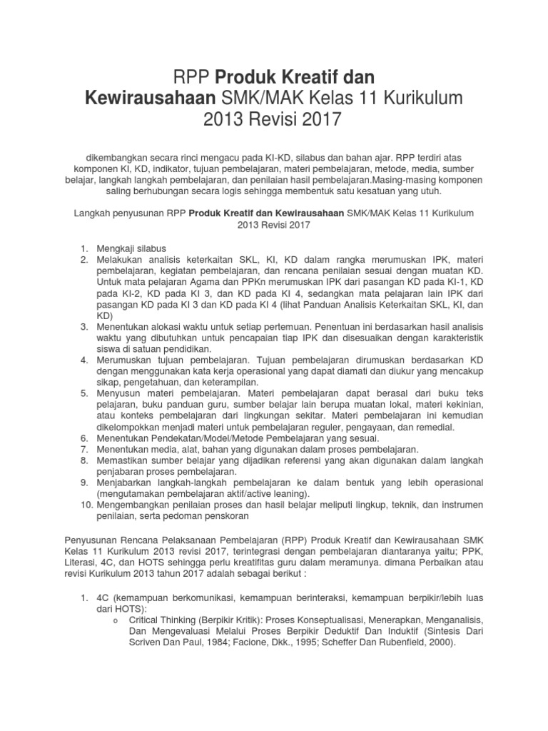 RPP Produk Kreatif Dan Kewirausahaan | PDF