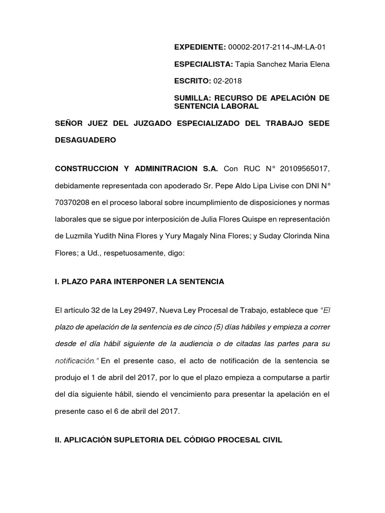Apelacion Laboral | PDF | Apelación | Sentencia (ley)