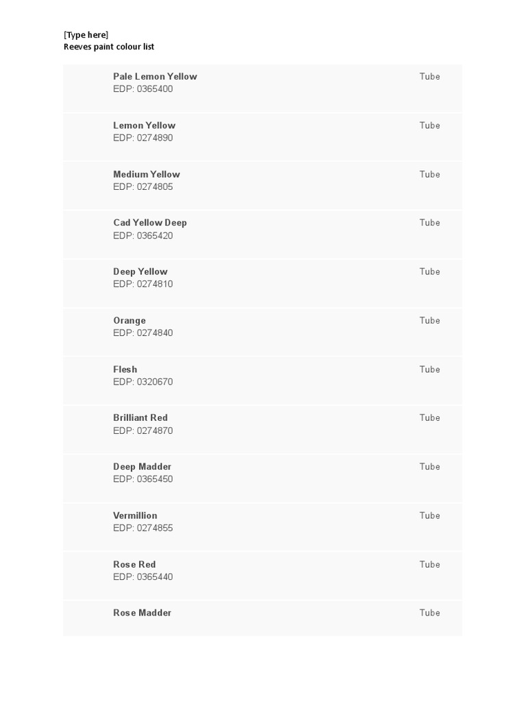 Reeves Paint Colour List-1 | PDF | Blue | Yellow