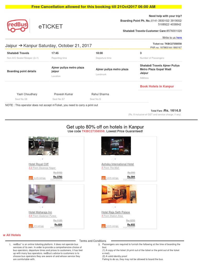 RedBus Ticket TKBC27358558 | PDF | Baggage | Bus
