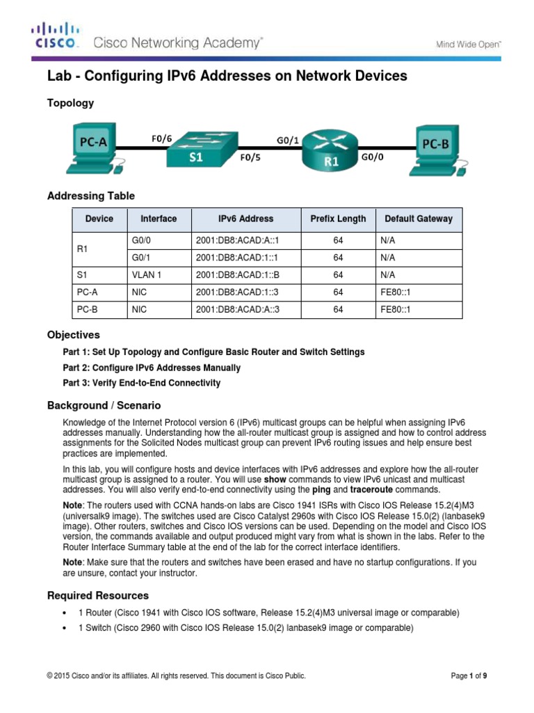 7.2.5.4 Lab - Configuring IPv6 Addresses On Network Devices PDF | PDF | I Pv6 | Communications ...