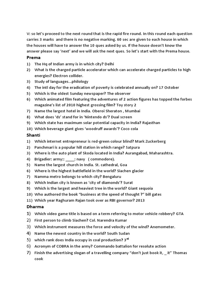 Rapid Fire Quiz Important Questions | PDF | Leisure | Business