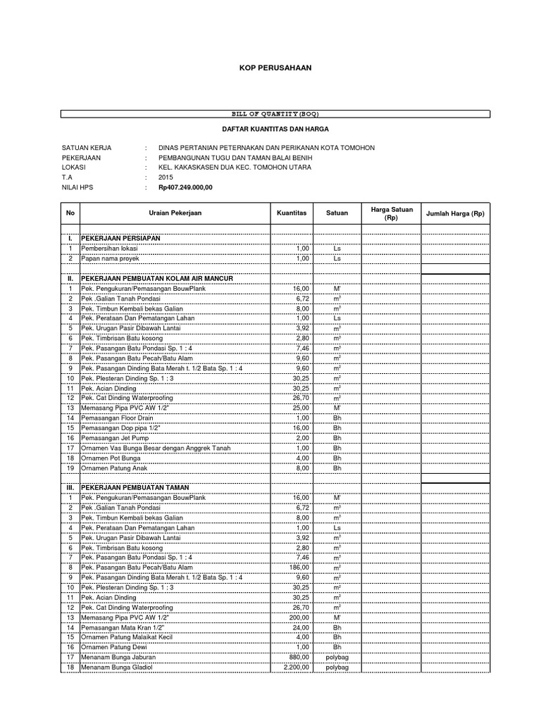 BOQ-Pembangunan Tugu Dan Taman | PDF