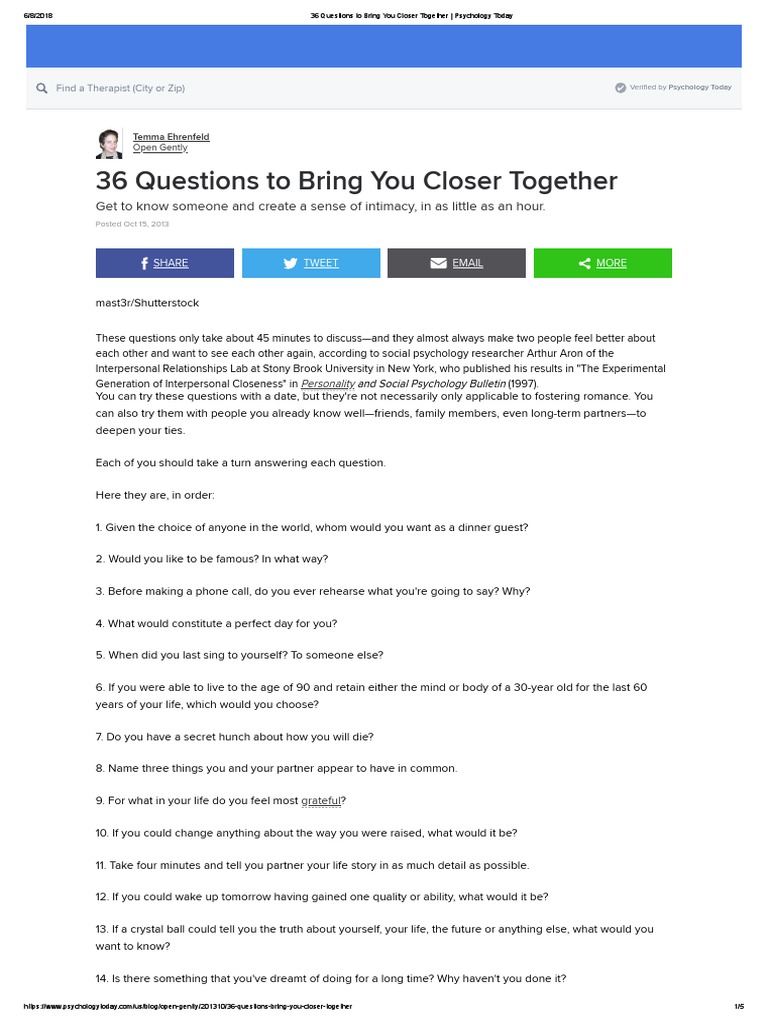 36 Questions To Bring You Closer Together - Psychology Today | PDF ...
