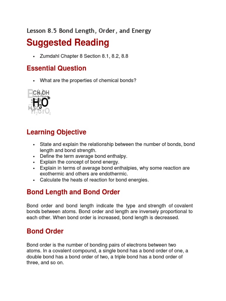 Lesson 8.5 Bond Order and Length | PDF | Chemical Bond | Covalent Bond