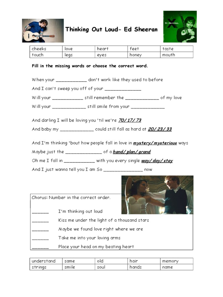 Thinking Out Loud by Ed Sheeran Activities Promoting Classroom Dynamics ...