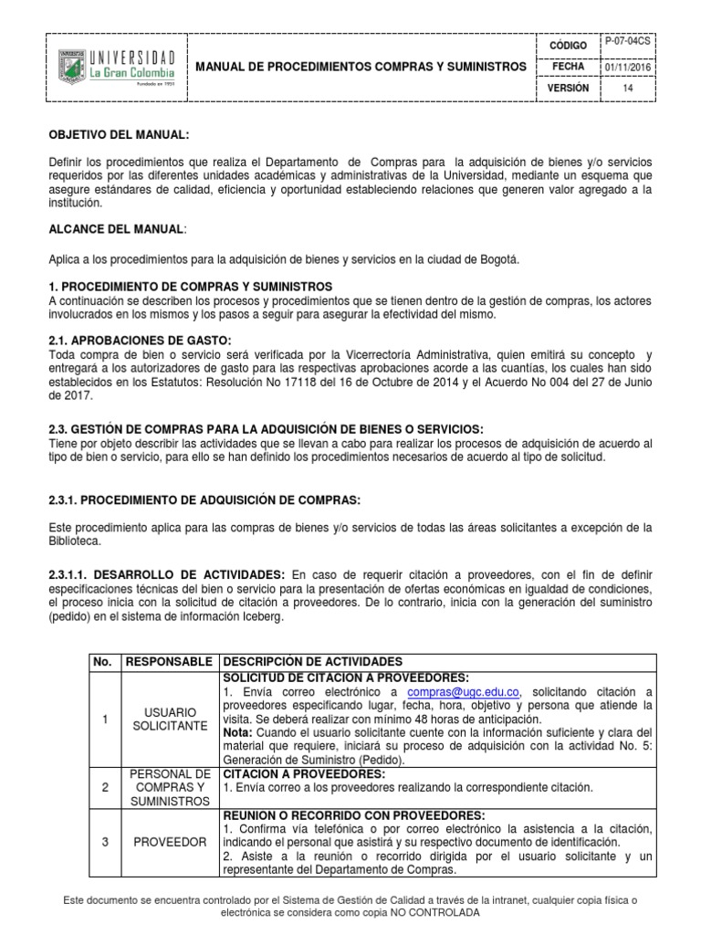 Manual Procedimientos Compras Suministros | Factura | Calidad (comercial)