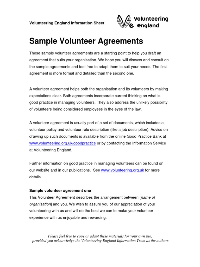 Sample Volunteer Agreements: Volunteering England Information Sheet ...