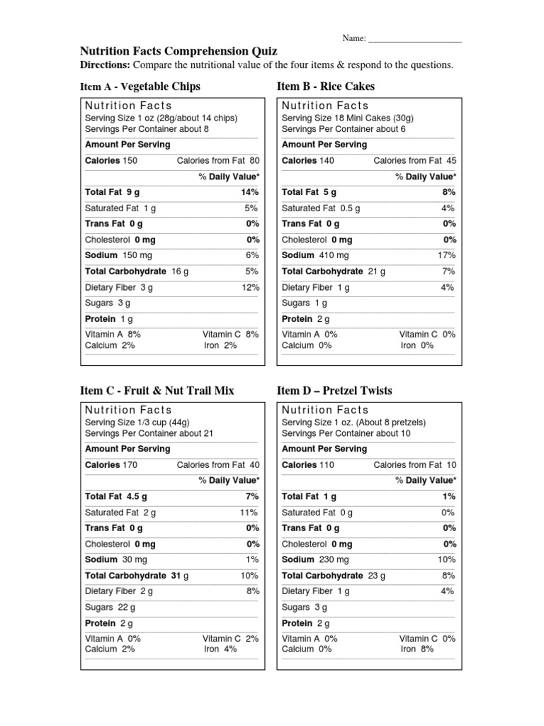 Nutrition Facts Comprehension Activity PDF | PDF | Nutrition Facts ...