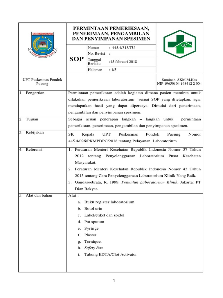 8.1.2.1 Permintaan Pemeriksaan, Penerimaan Spesimen, Pengambilan Dan Penyimpanan Spesimen | PDF ...