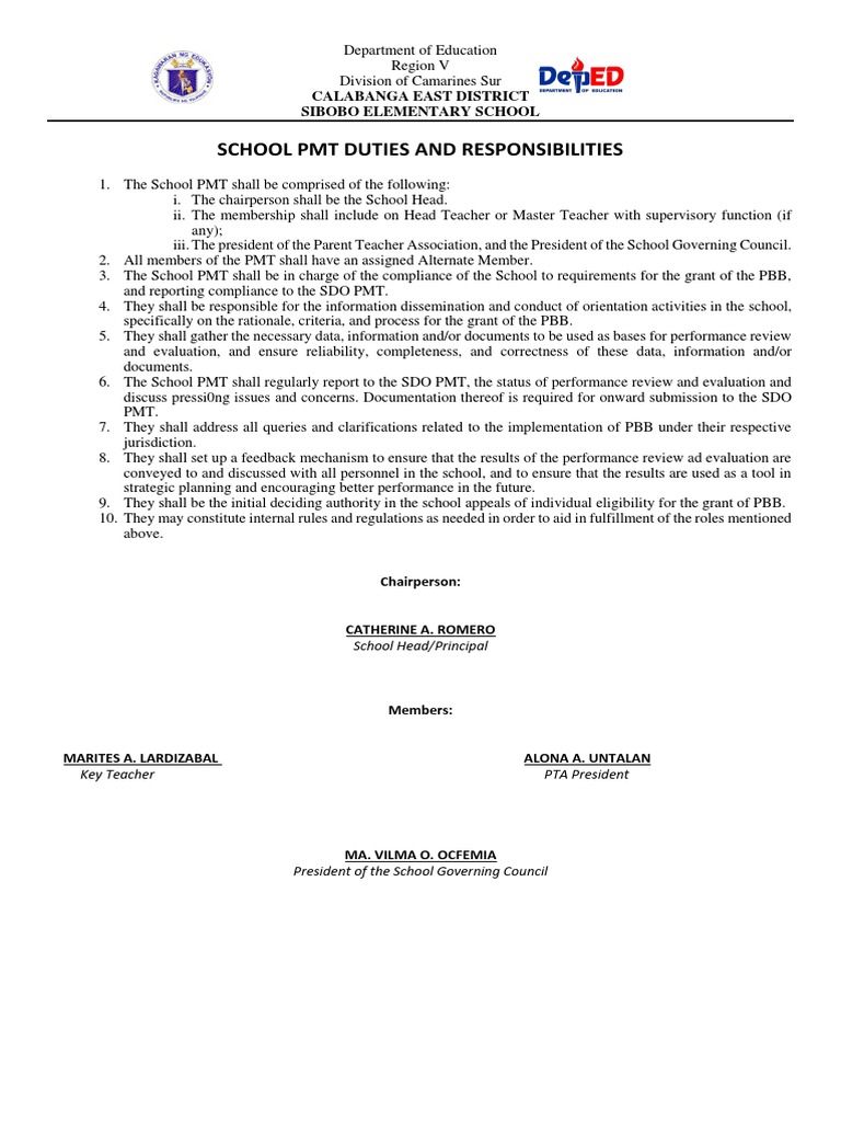 School PMT Duties and Responsibilities: Calabanga East District Sibobo ...