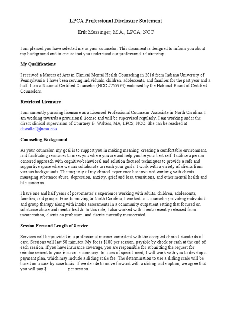 Lpca Professional Disclosure Statement | PDF | Confidentiality | Insurance