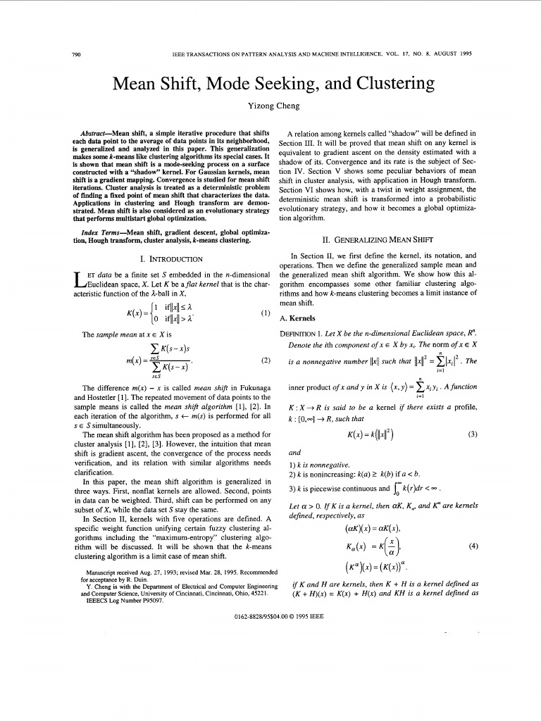 Mean Shift Mode Seeking And Clustering Cheng Pdf Cluster Analysis Mathematical Concepts