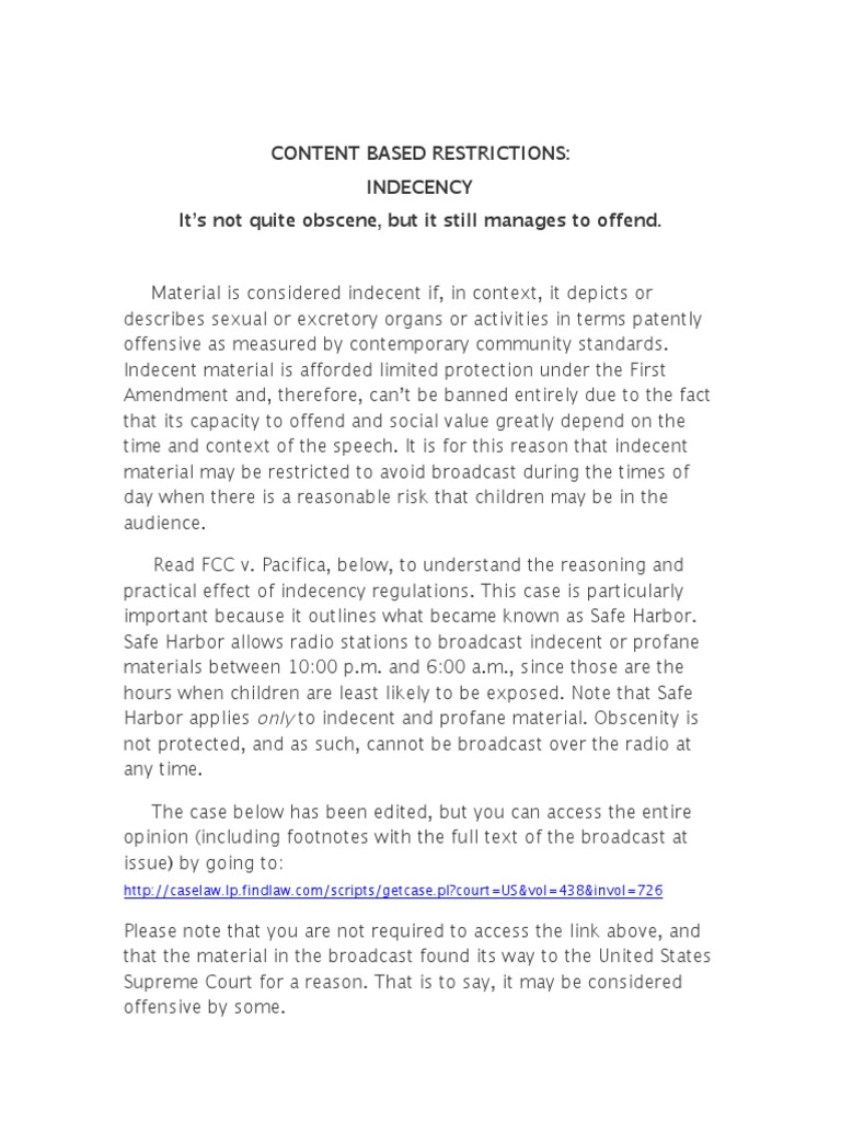 Content Based Restrictions: Indecency It's Not Quite Obscene, But It ...