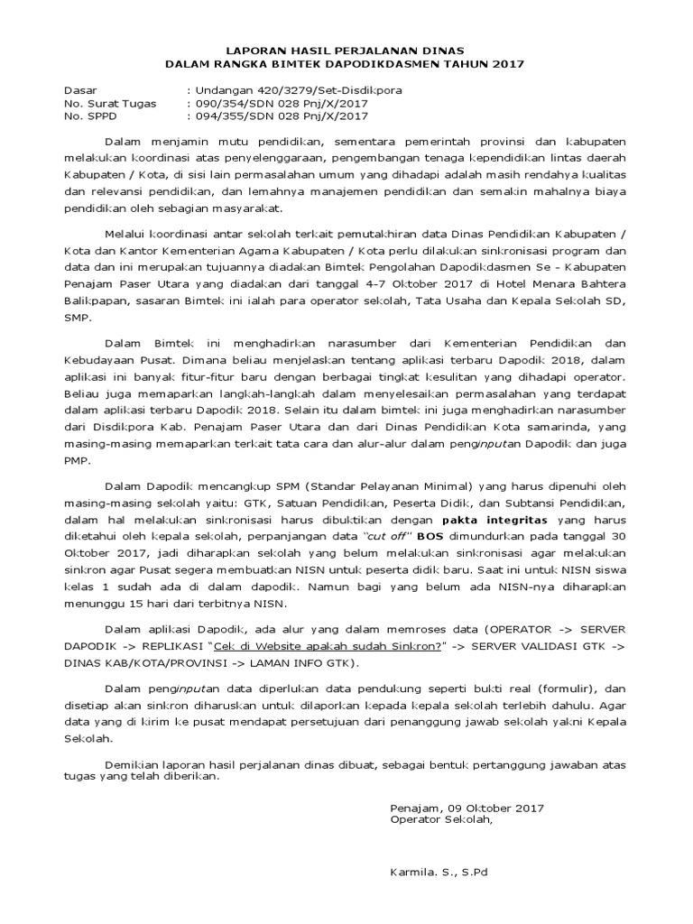 Contoh Laporan Hasil BIMTEK Dapodik | PDF
