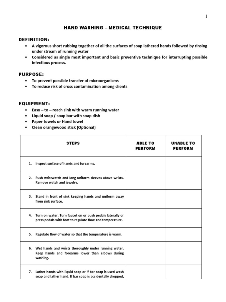 Hand Washing Technique Checklist | PDF | Hand Washing | Hand