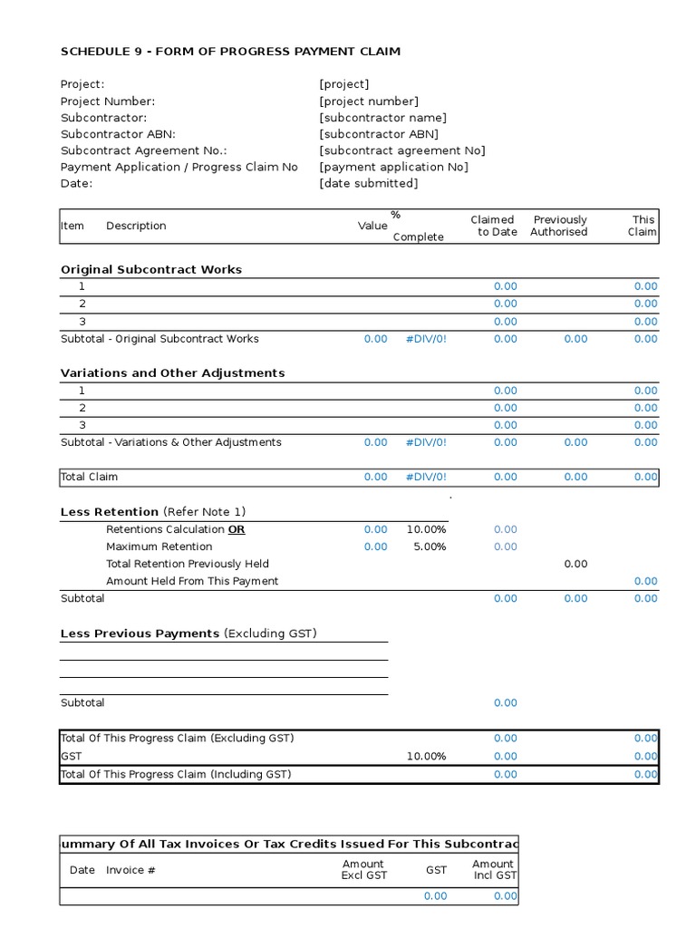 Schedule 9 - Form of Progress Payment Claim | PDF | Invoice ...