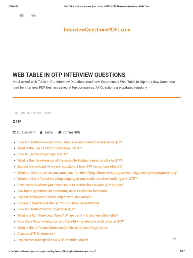 Web Table In Qtp Interview Questions Pdf Component Object Model Object Computer Science