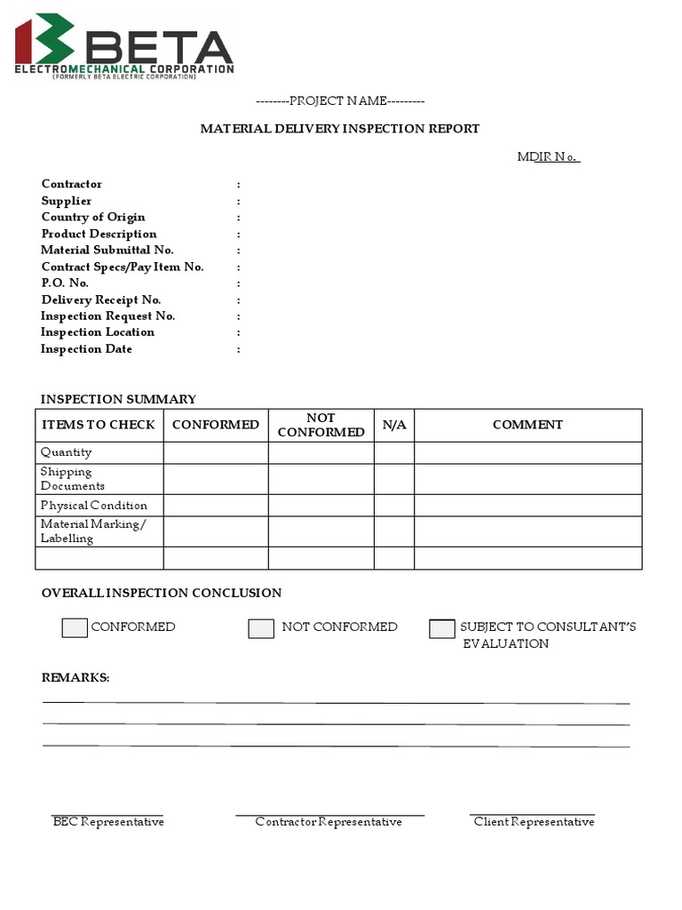 Material Delivery Inspection Report | PDF | Technology & Engineering