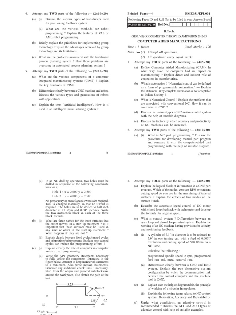 CAM Question Paper Aktu | PDF | Numerical Control