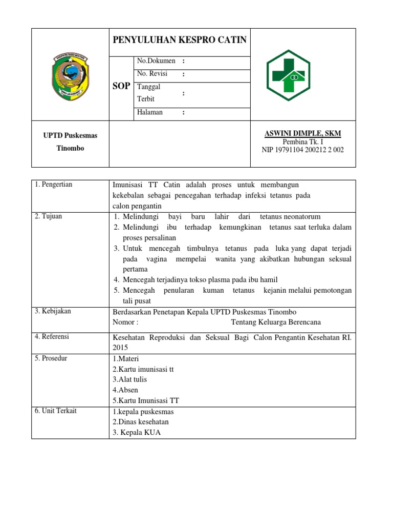 Sop Penyuluhan Kespro Catin | PDF