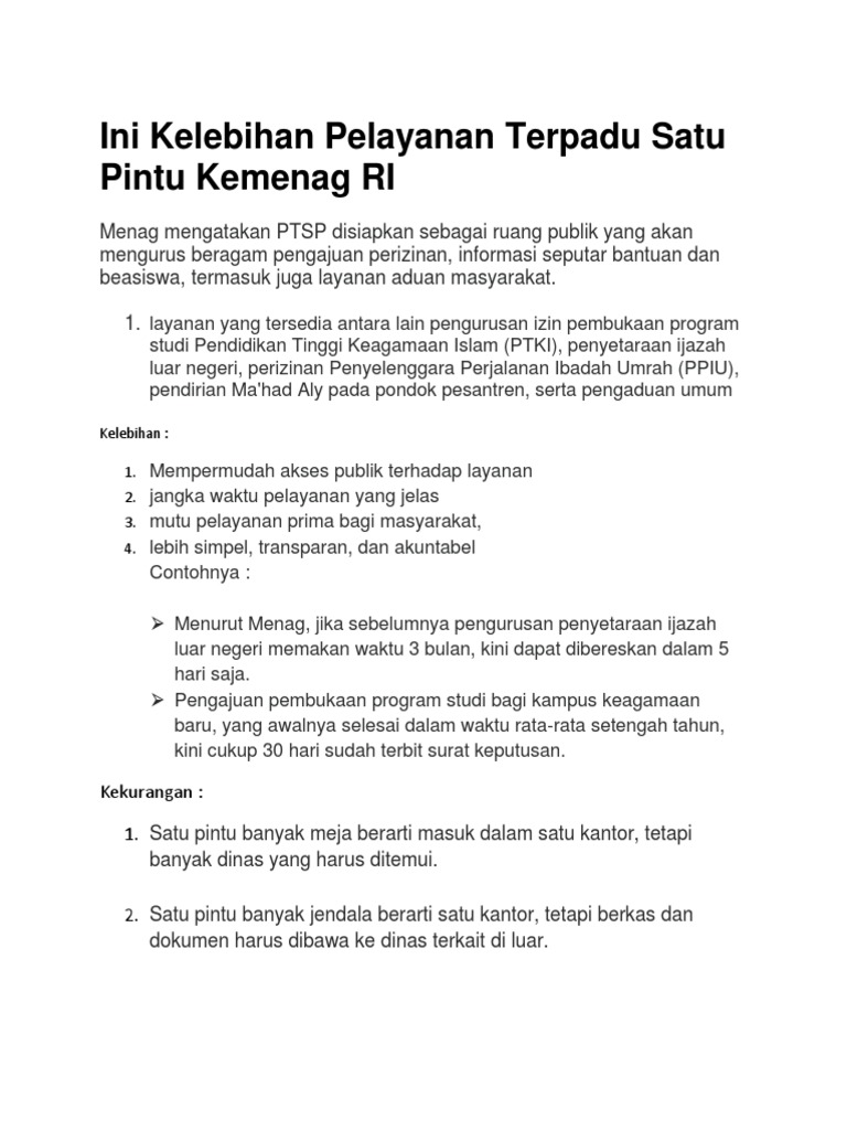 Kelebihan Pelayanan Terpadu Satu Pintu | PDF