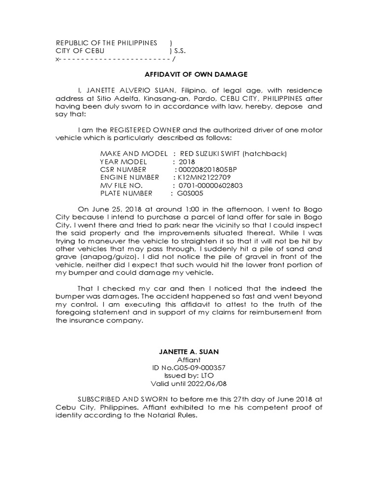 Affidavit of Vehicle Damage Claim | PDF | Finance & Money Management