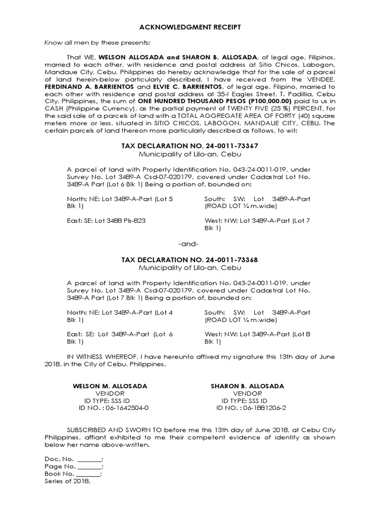 Acknowledgment Receipt-Doas Land-2018 | PDF | Payments | Government
