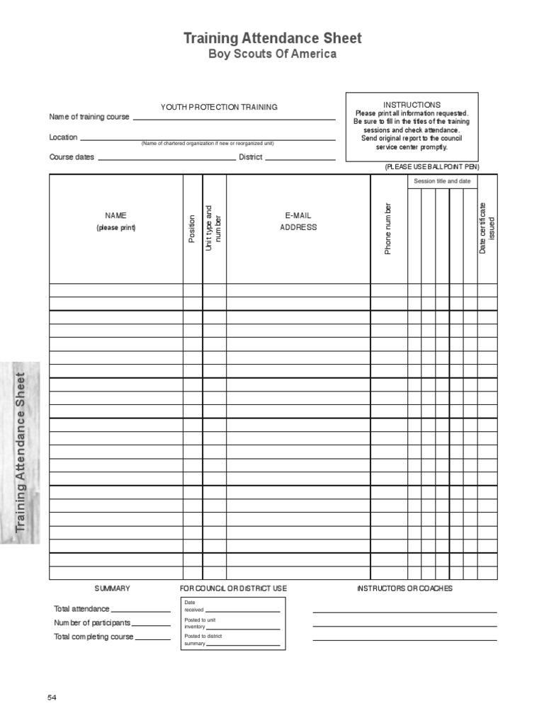 Training Attendance Sheet: Boy Scouts of America | PDF | Business