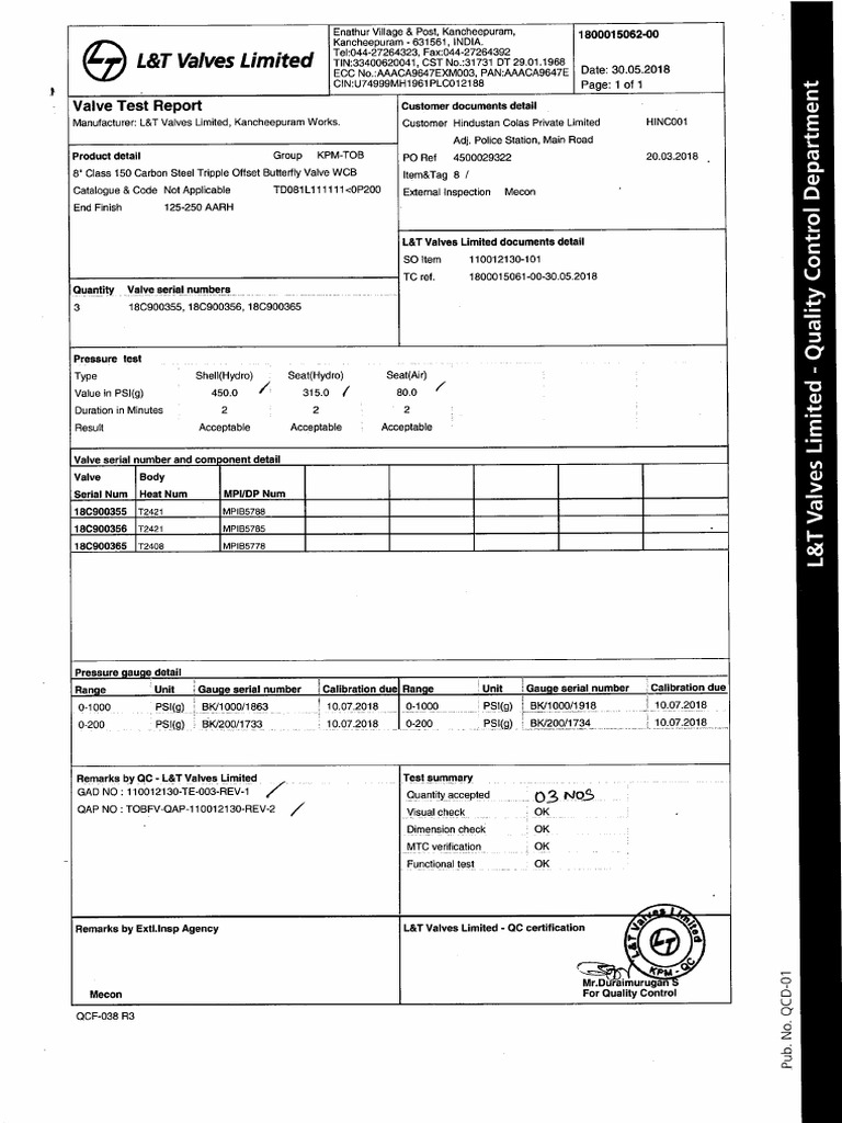 MTC For Rawmaterial of Valves | PDF