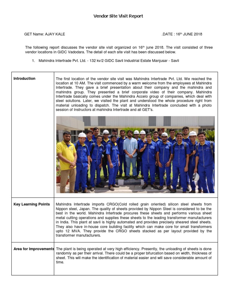 Vendor Site Visit Report | PDF | Welding | Construction