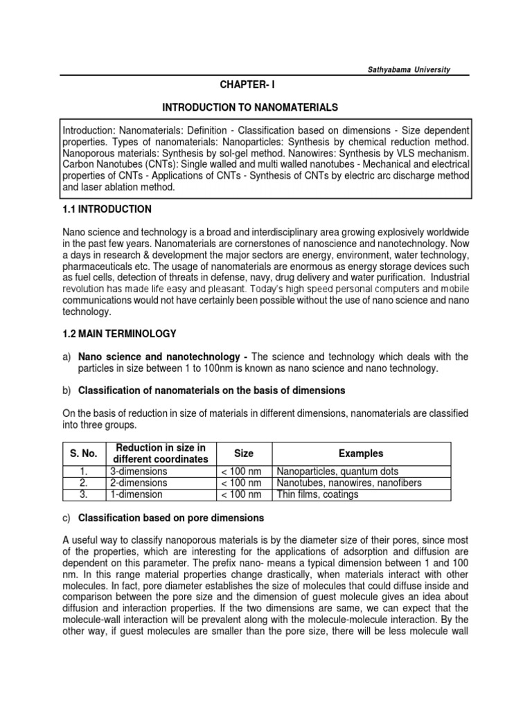 Chapter-I Introduction To Nanomaterials: Sathyabama University | PDF ...