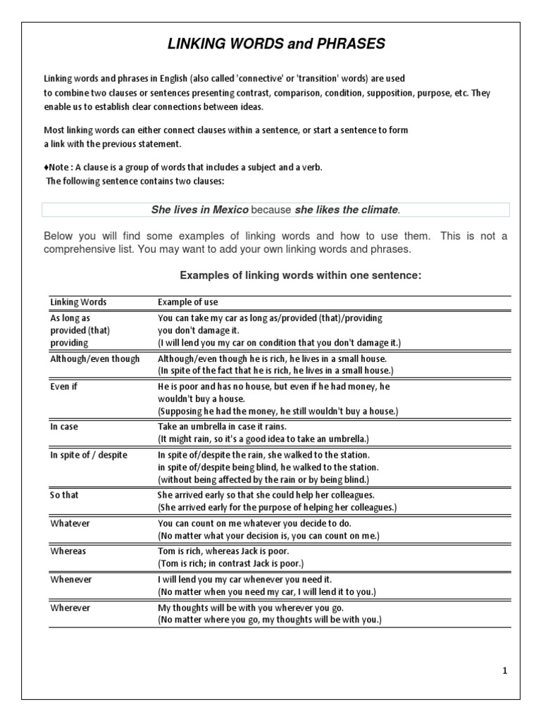 Linking Words and Phrases | PDF | Sentence (Linguistics) | Phrase