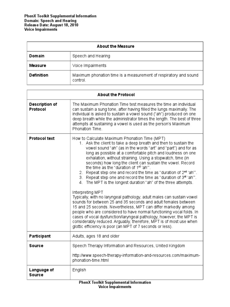 Maximum Phonation Time Protocol | PDF | Human Voice | Larynx