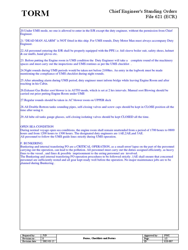 Chief Engineer's Standing Orders File 621 (ECR) | Download Free PDF | Fuel Oil | Engines