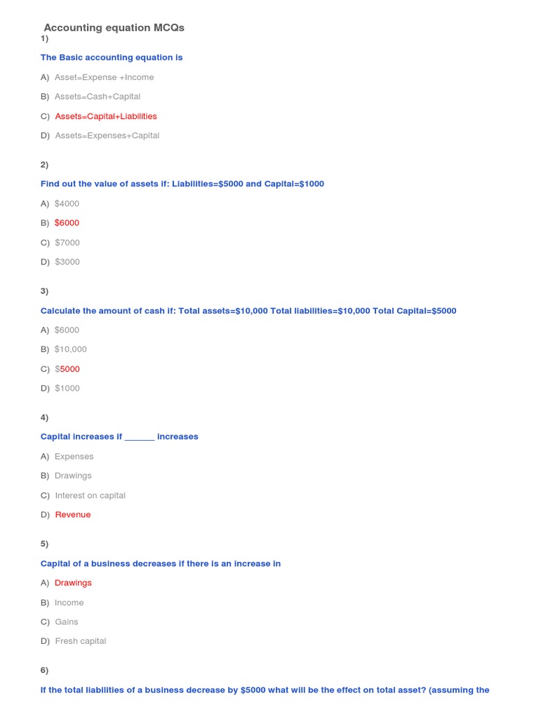 Accounting Equation MCQs | Download Free PDF | Expense | Equity (Finance) Accounting Equation MCQs | Download Free PDF | Expense | Equity (Finance)