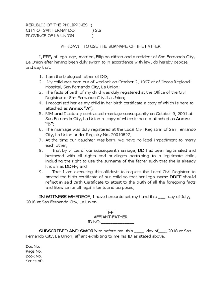 Affidavit To Use The Surname of The Father Sample | PDF