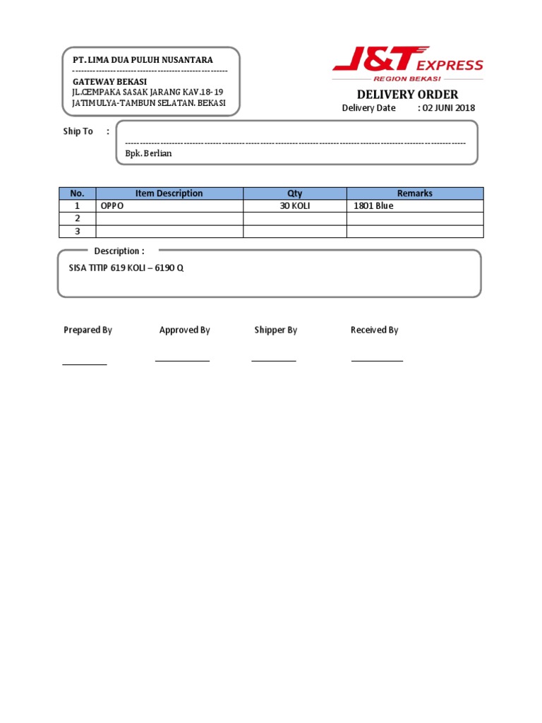 Delivery Order: Delivery Date: 02 JUNI 2018 Ship To | PDF
