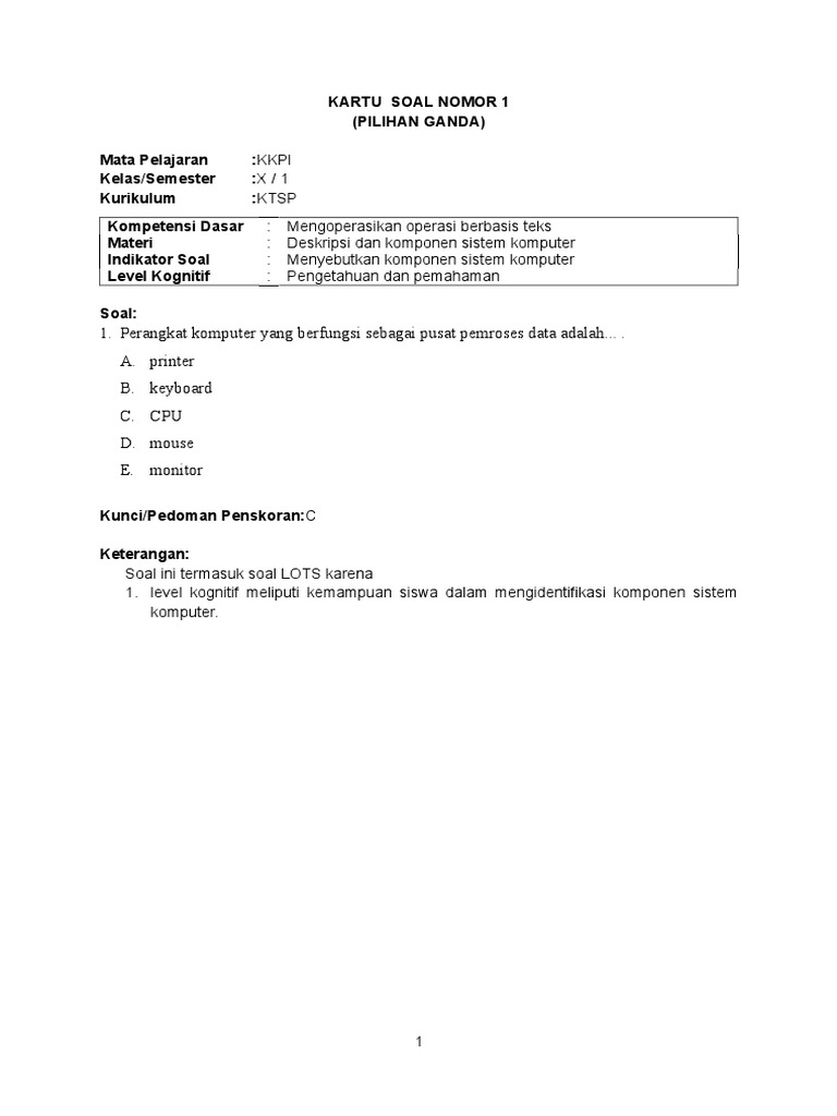 Kartu Soal Kkpi 1 | PDF