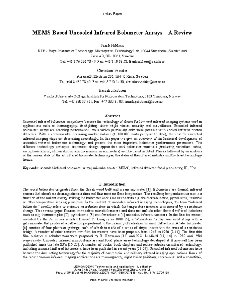 MEMS-Based Uncooled Infrared Bolometer Arrays - A Review | PDF | Infrared ...