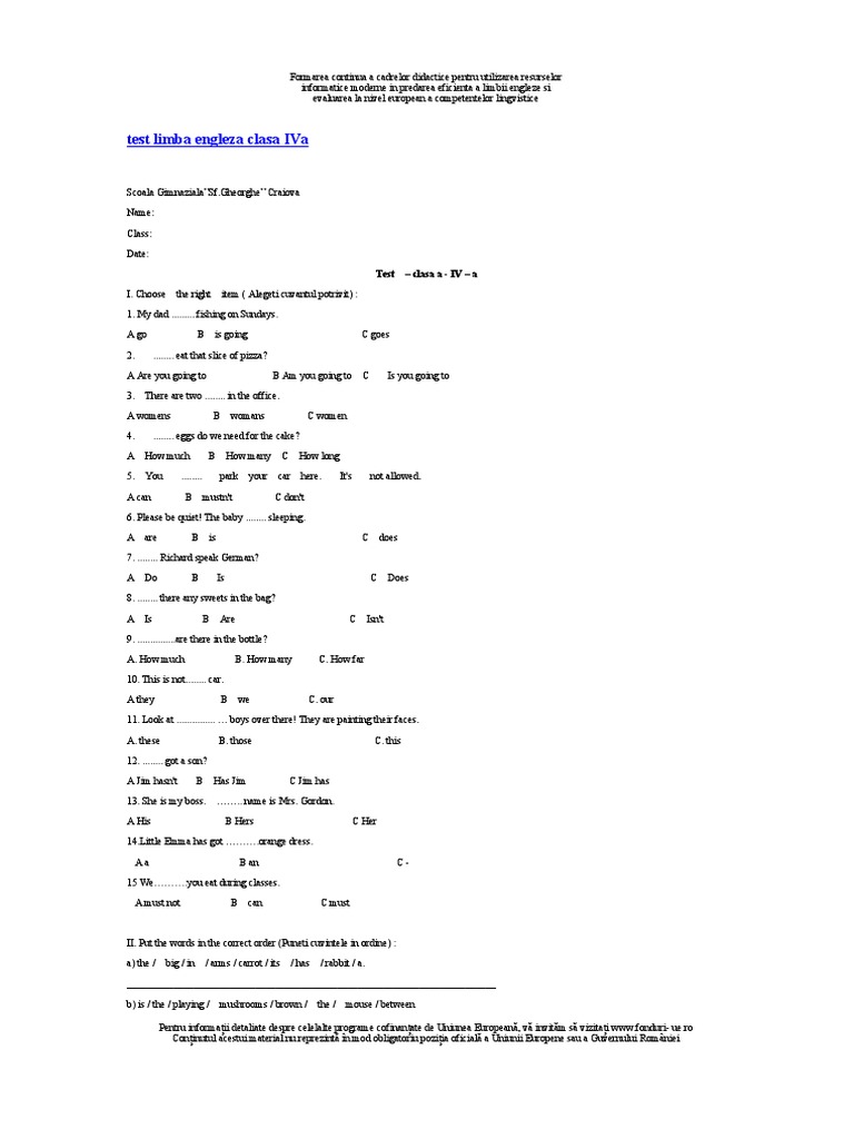 Test Limba Engleza Clasa Iva | PDF