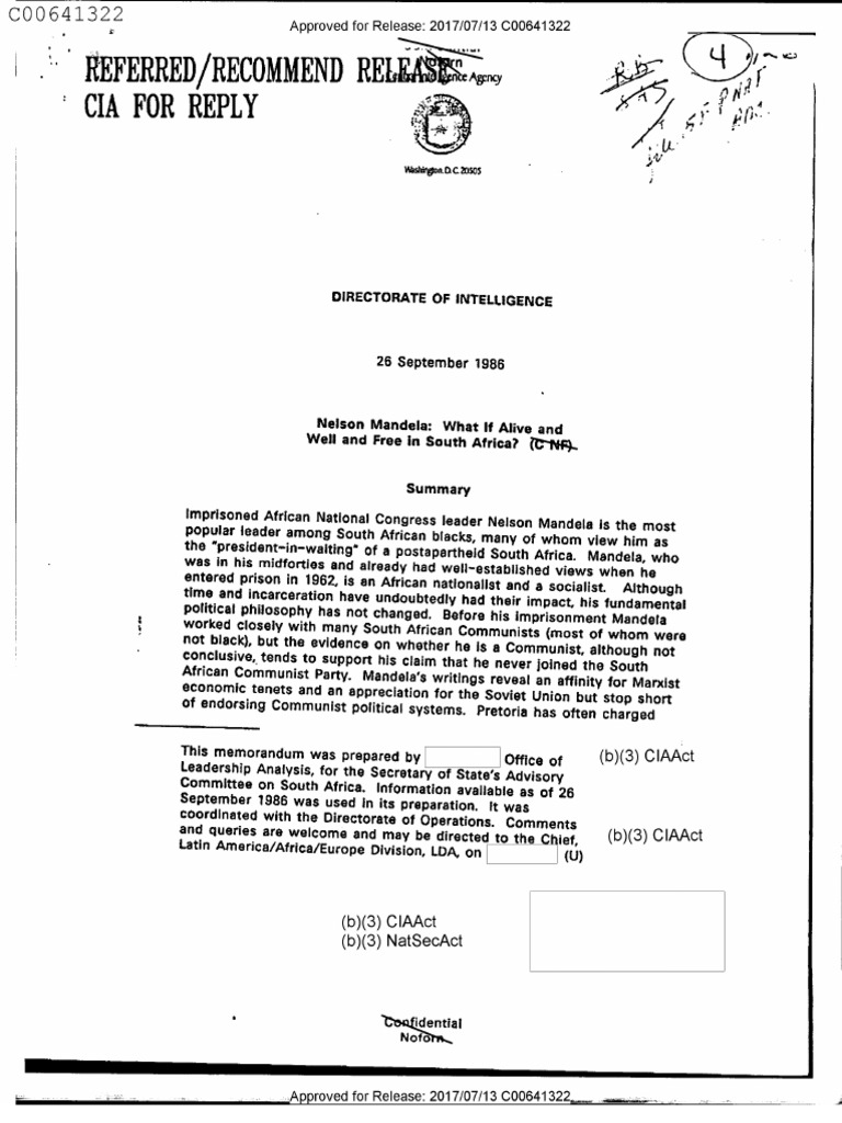 CIA document on Nelson Mandela, 26 September 1986