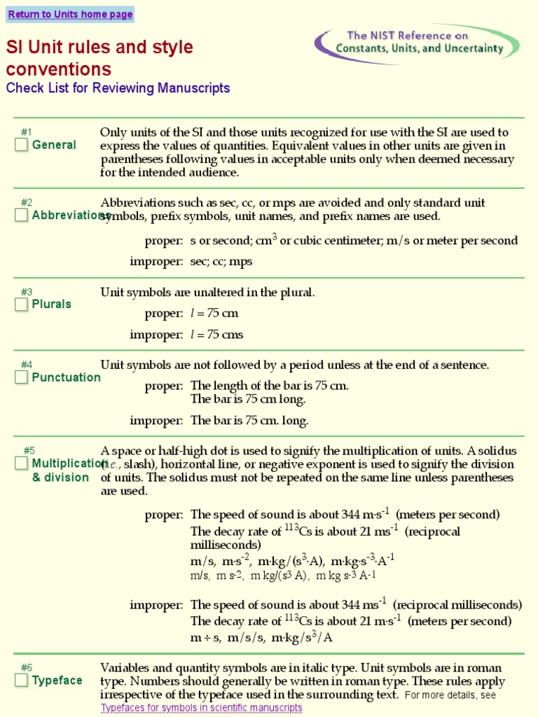 SI Unit Rules and Style Conventions: Check List For Reviewing ...