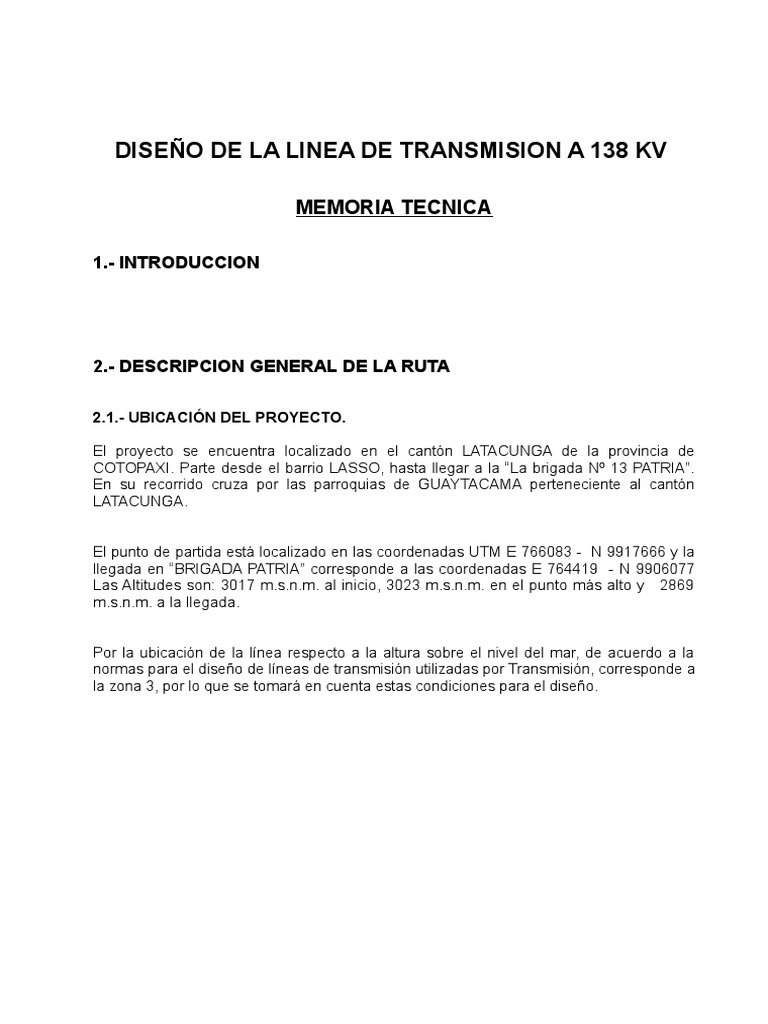 Diseño de La Linea de 138 KV Tramo Lasso - Brigada Patria | PDF | Línea ...
