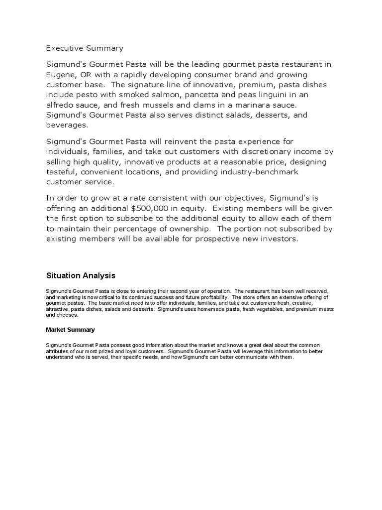 Executive Summary Pasta Rest | PDF | Restaurants | Marketing