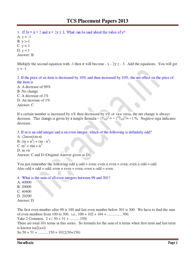 Tcs Placement Paper 2013 | PDF | Summation | Equations