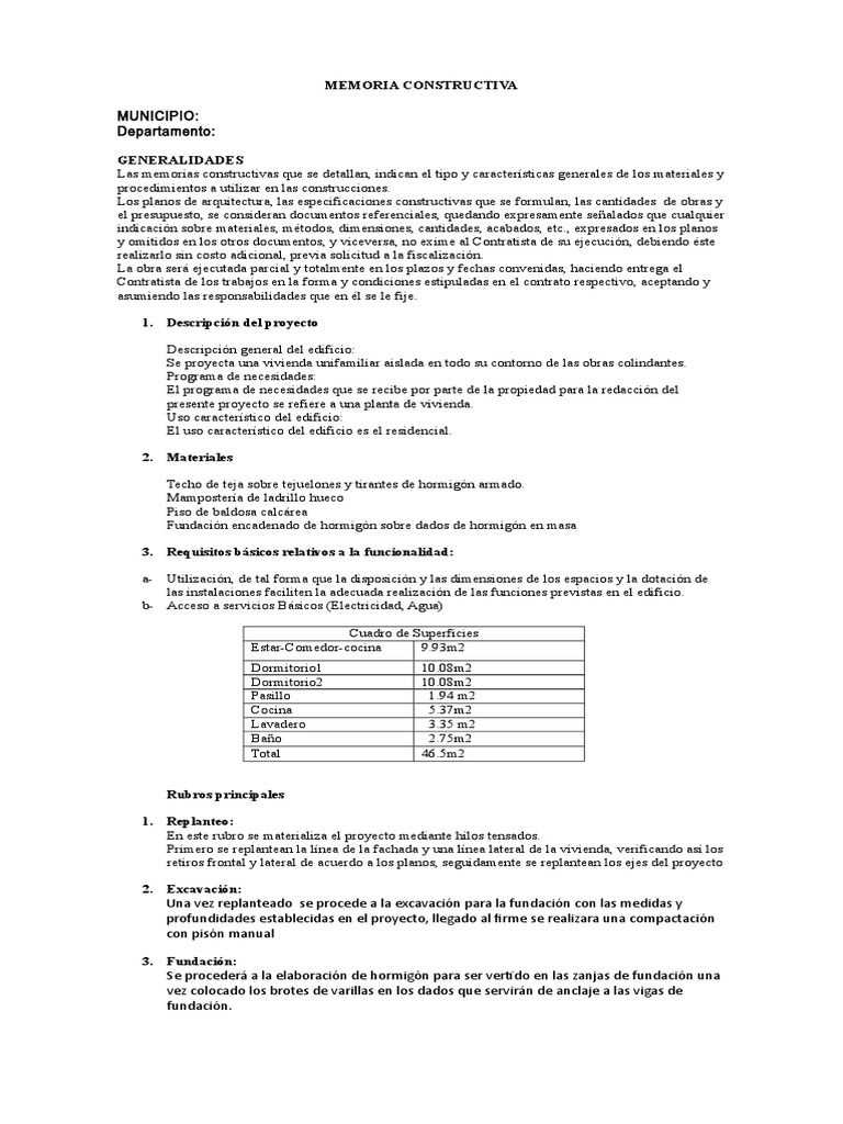 Memoria Constructiva | PDF | Hormigón | Ingeniería de Edificación